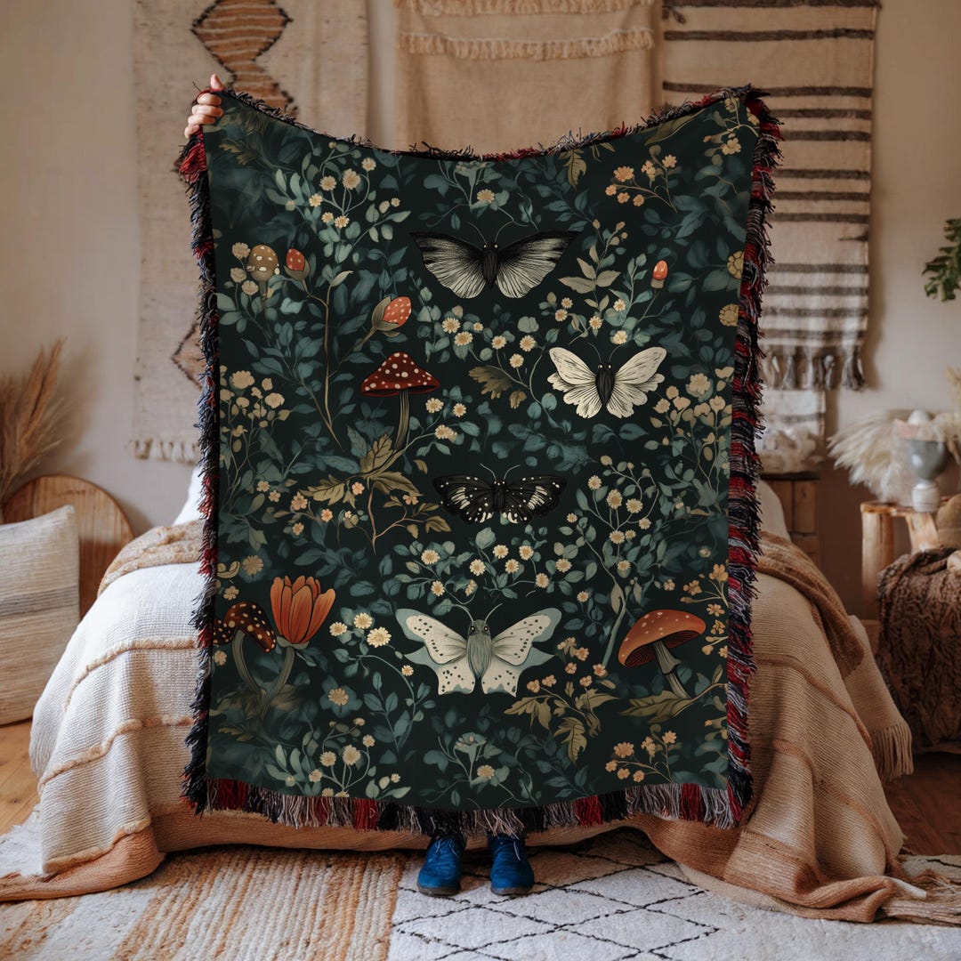 Dark Cottagecore Moth Floral Woven Blanket, Dark Botanical Tapestry ...