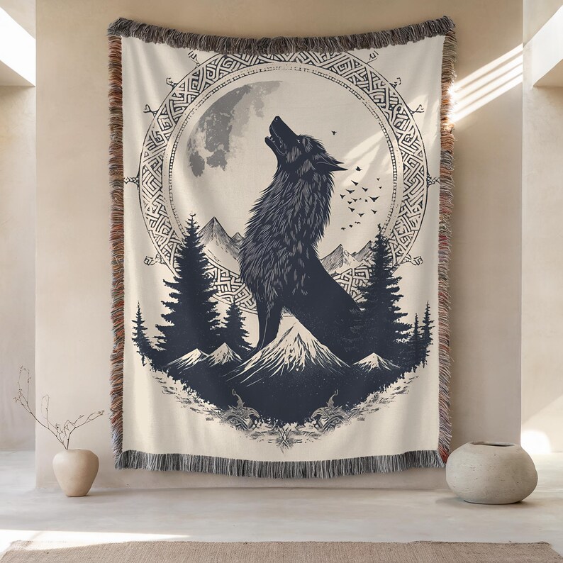 Norse Mythology Fenrir Howling Moon Woven Blanket, Nordic Trees ...