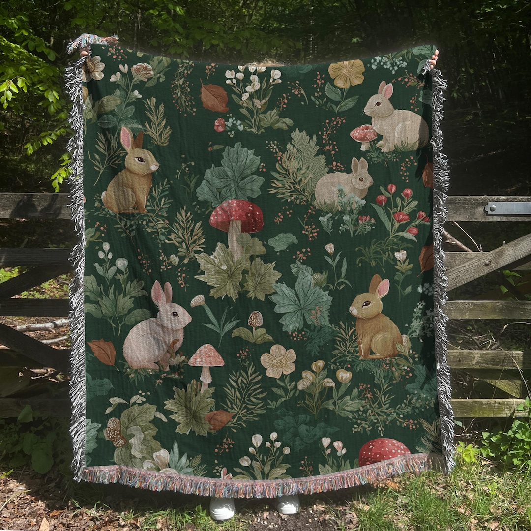 Rabbit and Mushroom Woven Blanket, Cottagecore Forest Throw - Etsy
