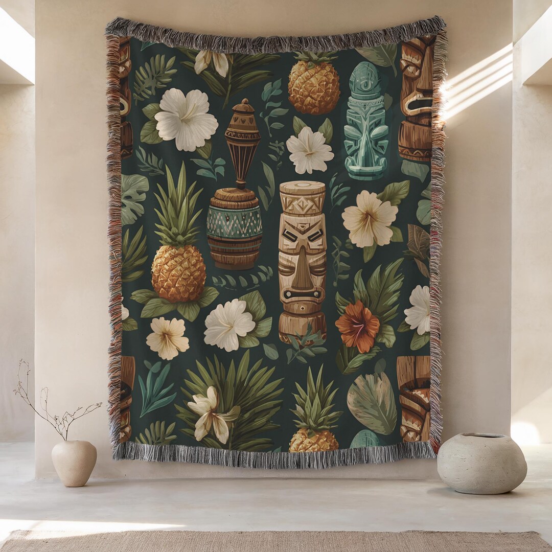 Woven Blanket, Hawaiian Floral Tropical Throw, Pineapple and Tiki ...