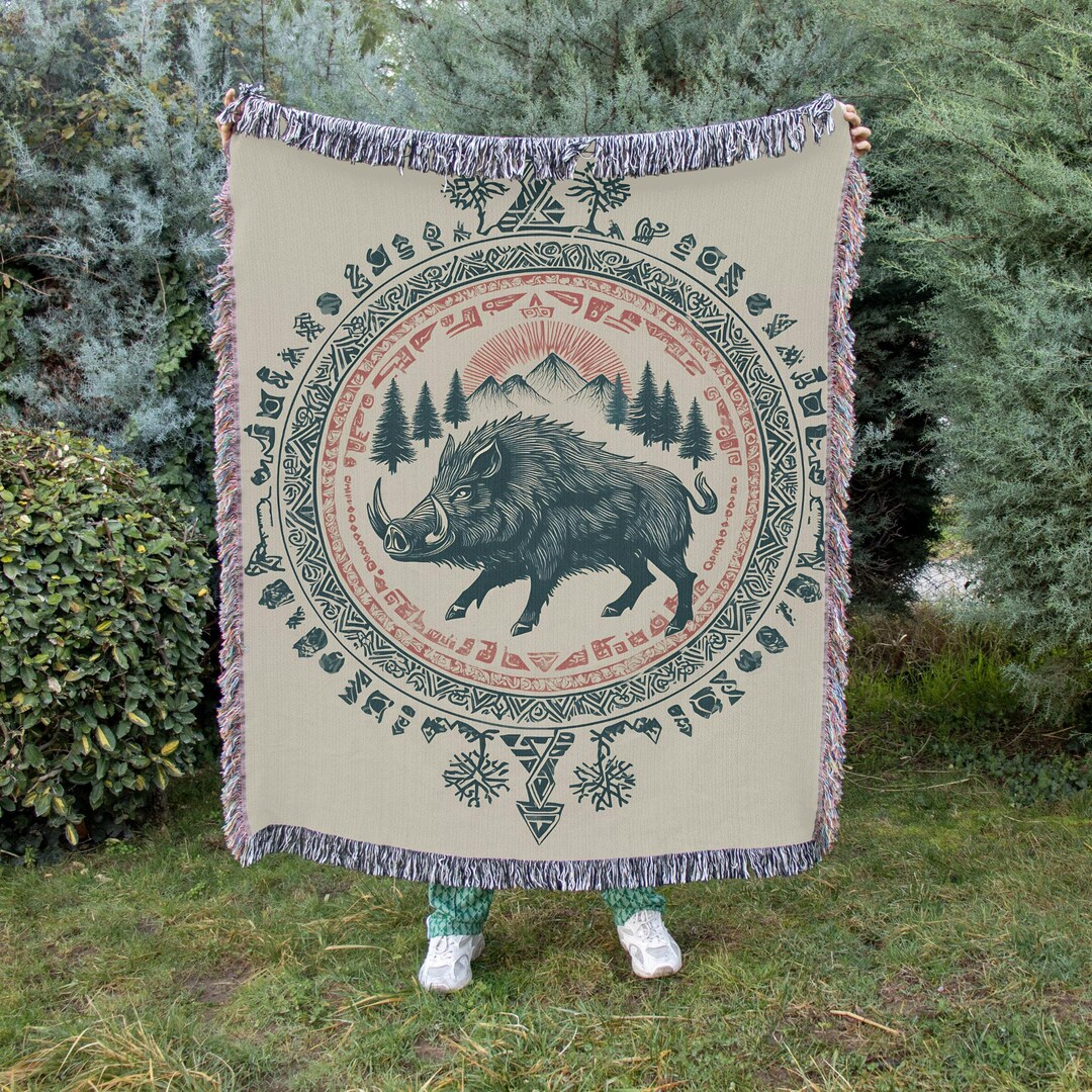 Viking Wild Boar Logo Woven Blanket | Tribal Boar, Pine Trees ...