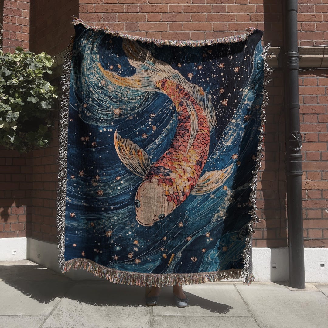 Cottagecore Coy Fish Woven Blanket Astral Design, Blue Water Swirls ...