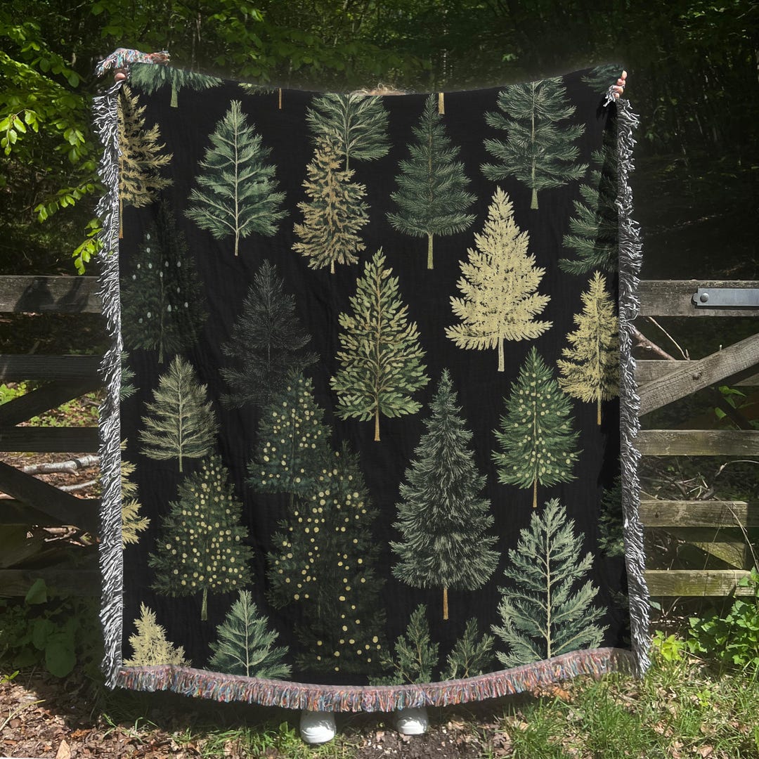 Pine Tree Woven Cotton Blanket, Cottagecore Forest Throw - Etsy