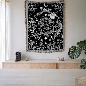 Pisces Zodiac Line Art Woven Blanket | Mystical Bohemian Style - Etsy