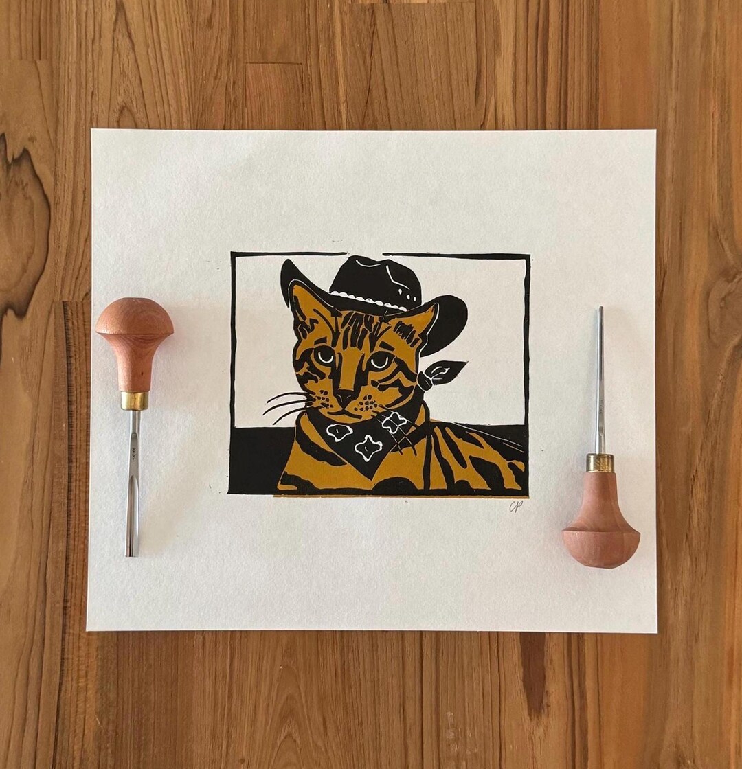 Cowboy Cat, Original Linocut Print, Art Decor - Etsy