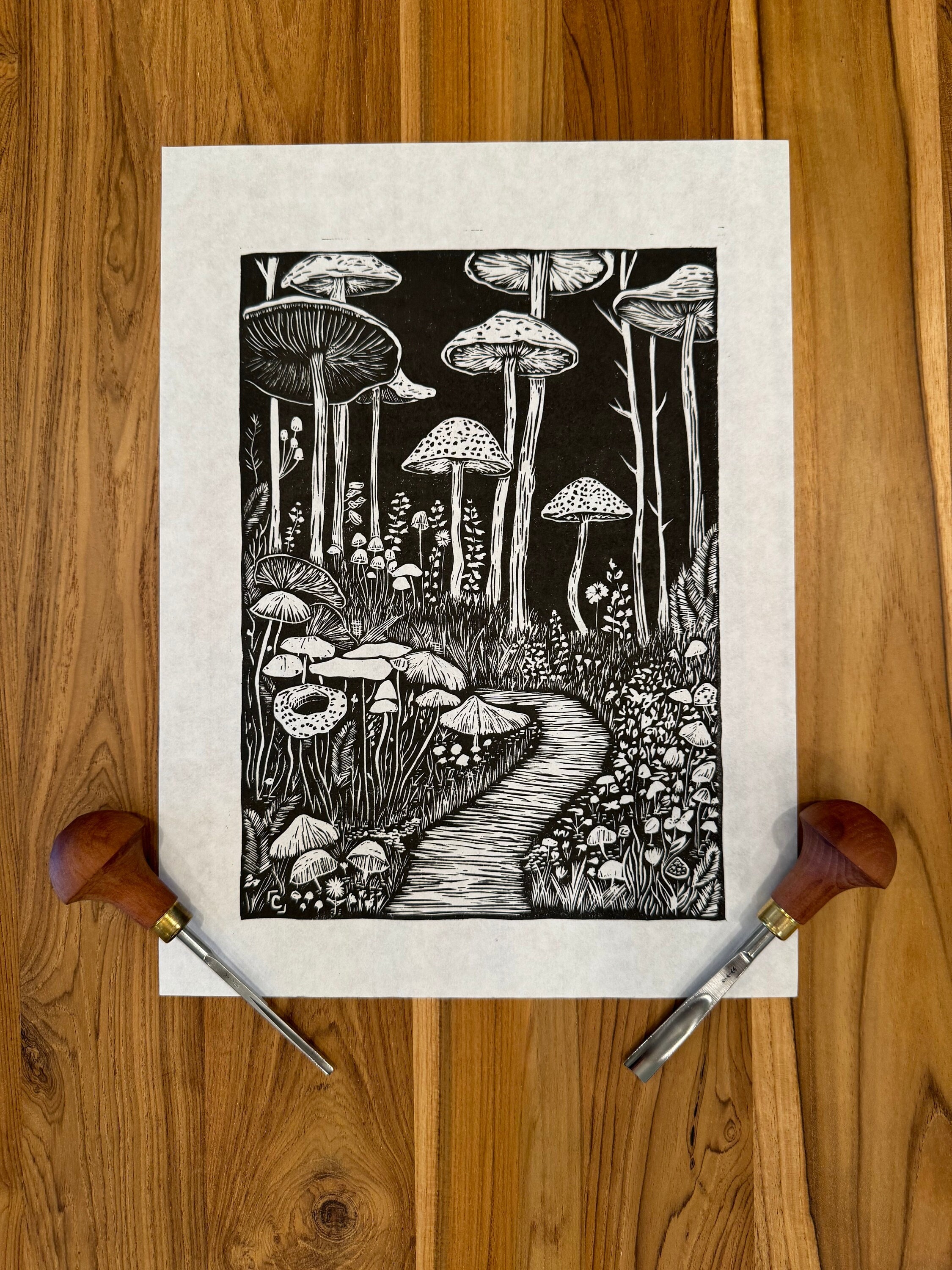 Enchanted Mushroom Forest, Linocut Print - Etsy