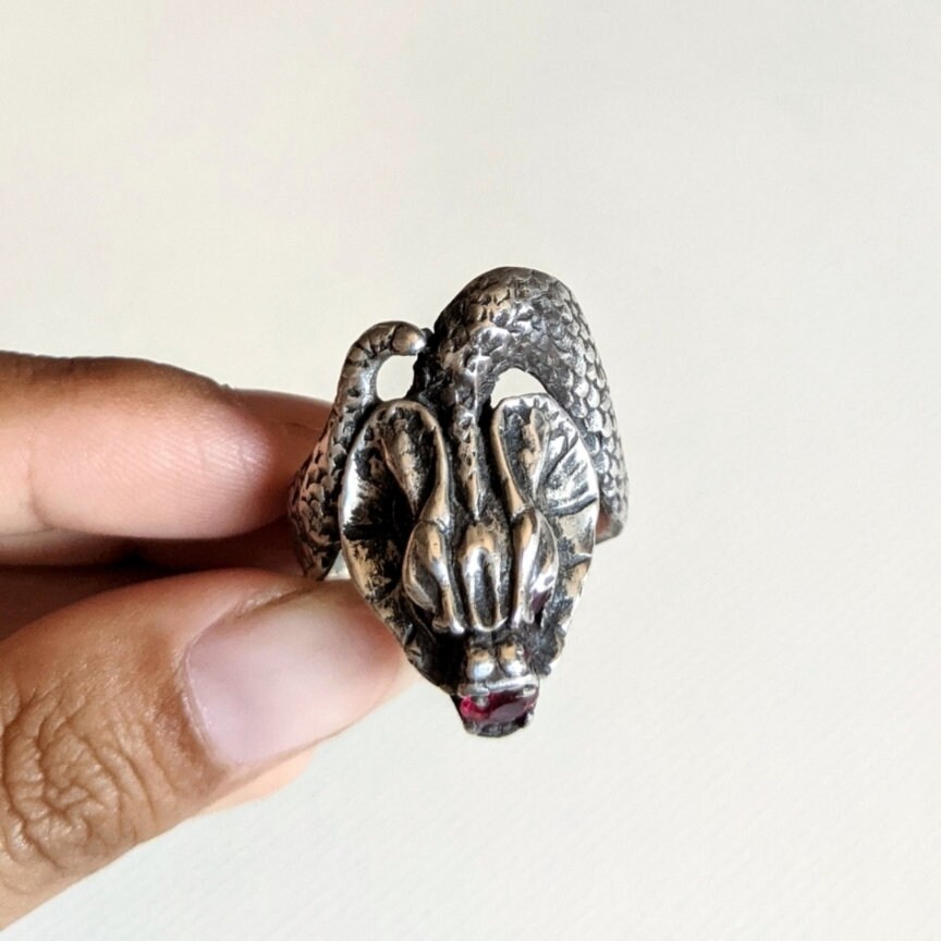 Sterling Silver Ring Cobra Snake Serpent Garnet Ruby Gem Stone 925 Men ...