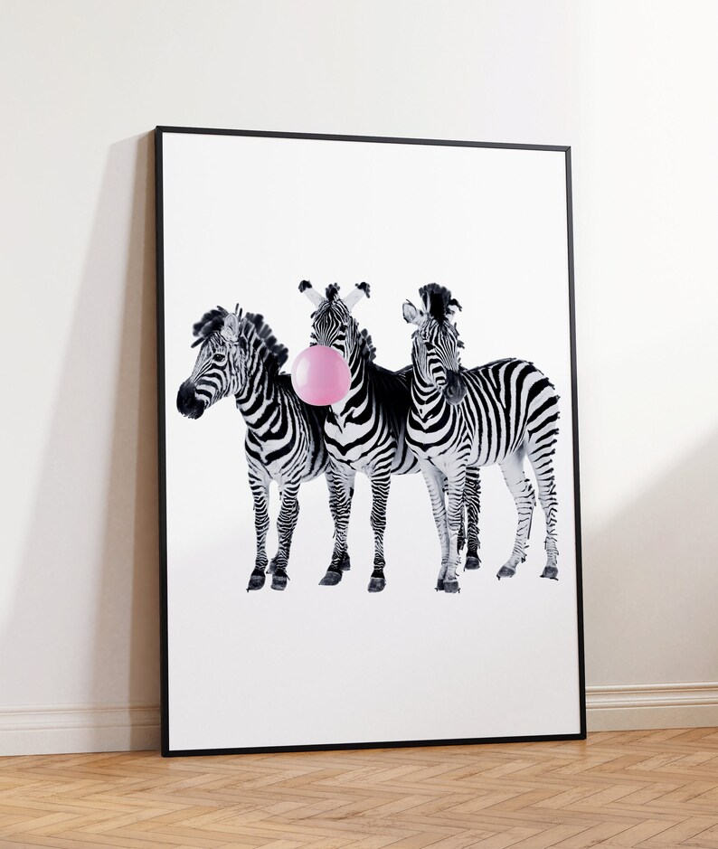 Zebra Bubble Gum Balloon Poster, Black and White Zebra Digital Poster ...