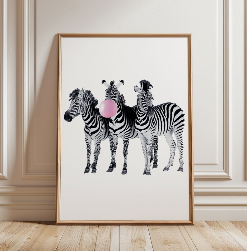 Zebra Bubble Gum Balloon Poster, Black and White Zebra Digital Poster ...