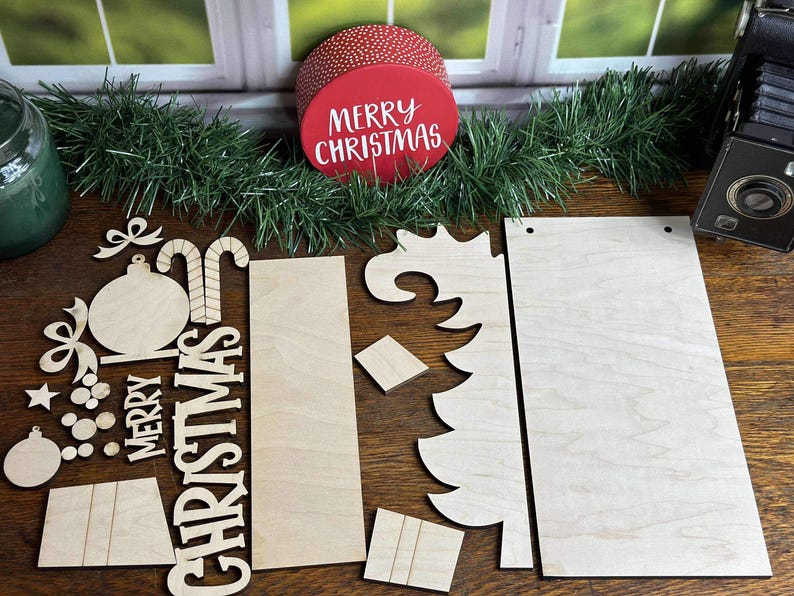 Merry Christmas Sign Painting Kit, Unfinished Wood Christmas Tree Shelf ...