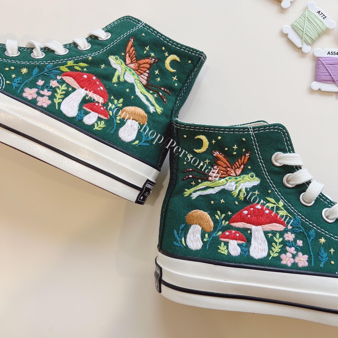 Custom Mushroom With Frog Embroidered Shoes Chuck Taylor, Converse ...