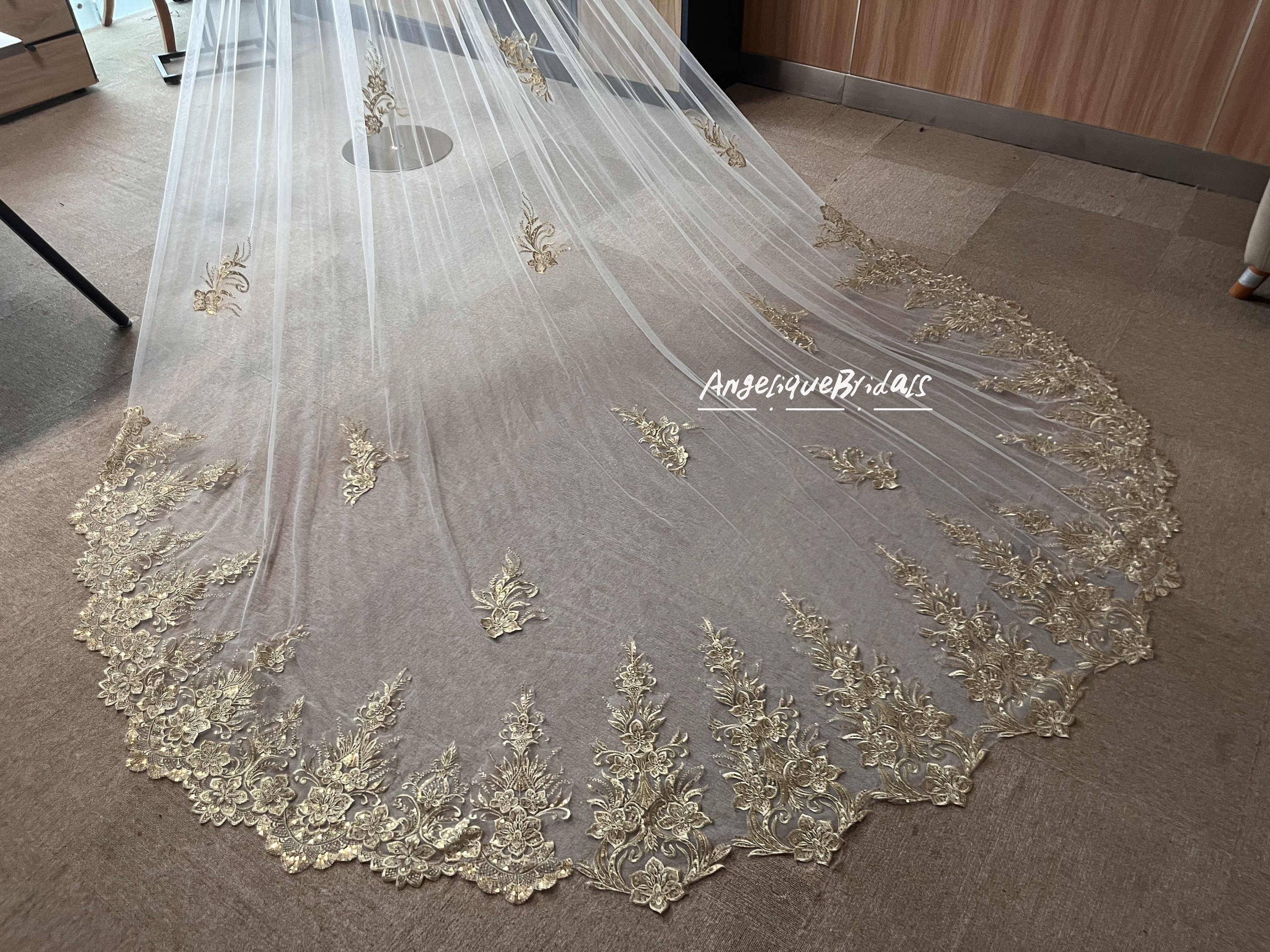 Gold Sequins Floral Wedding Veil, Hand Made Veil for Bride, Cathedral ...