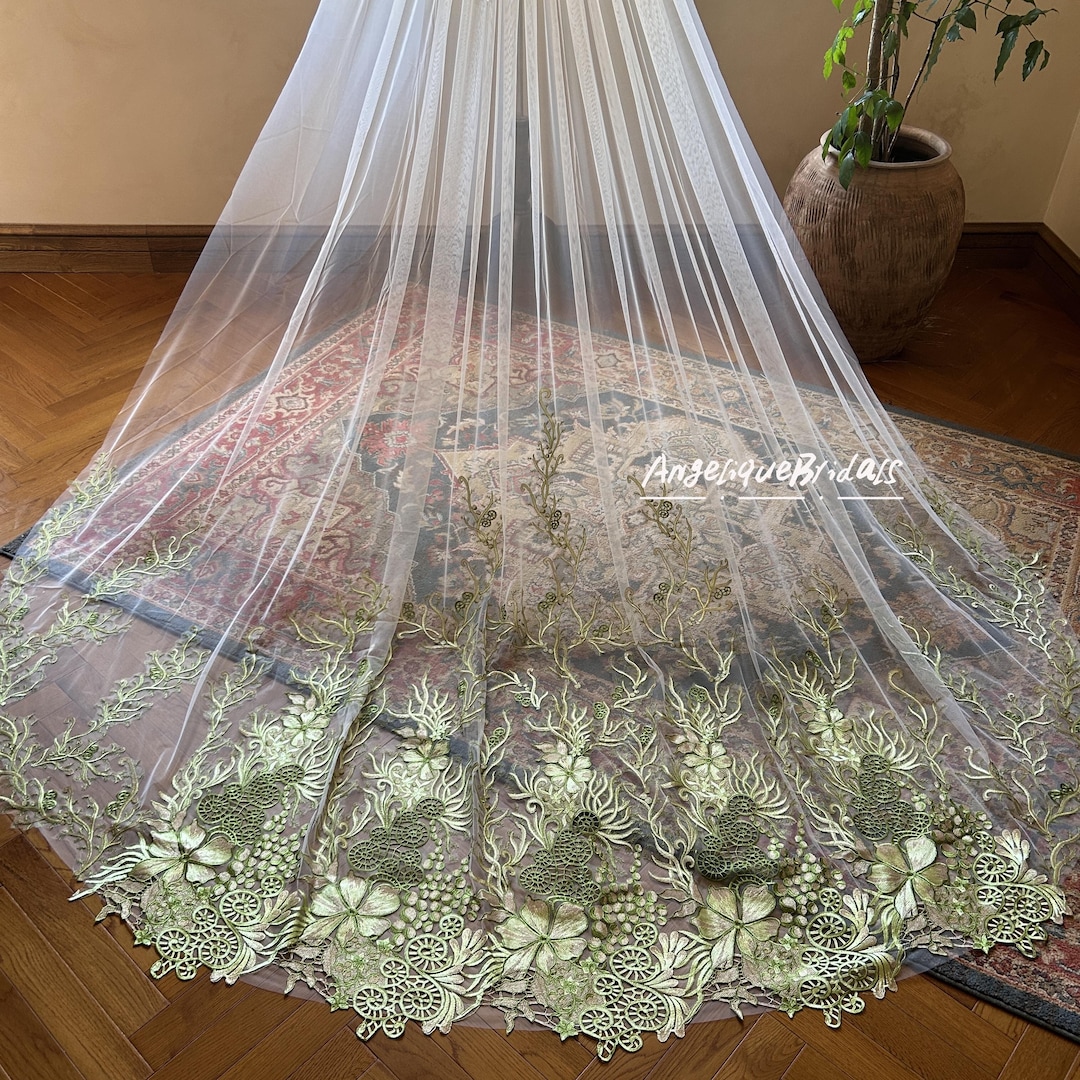 Green Lucky Floral Wedding Veil, Country Green Flower Veil,forest ...