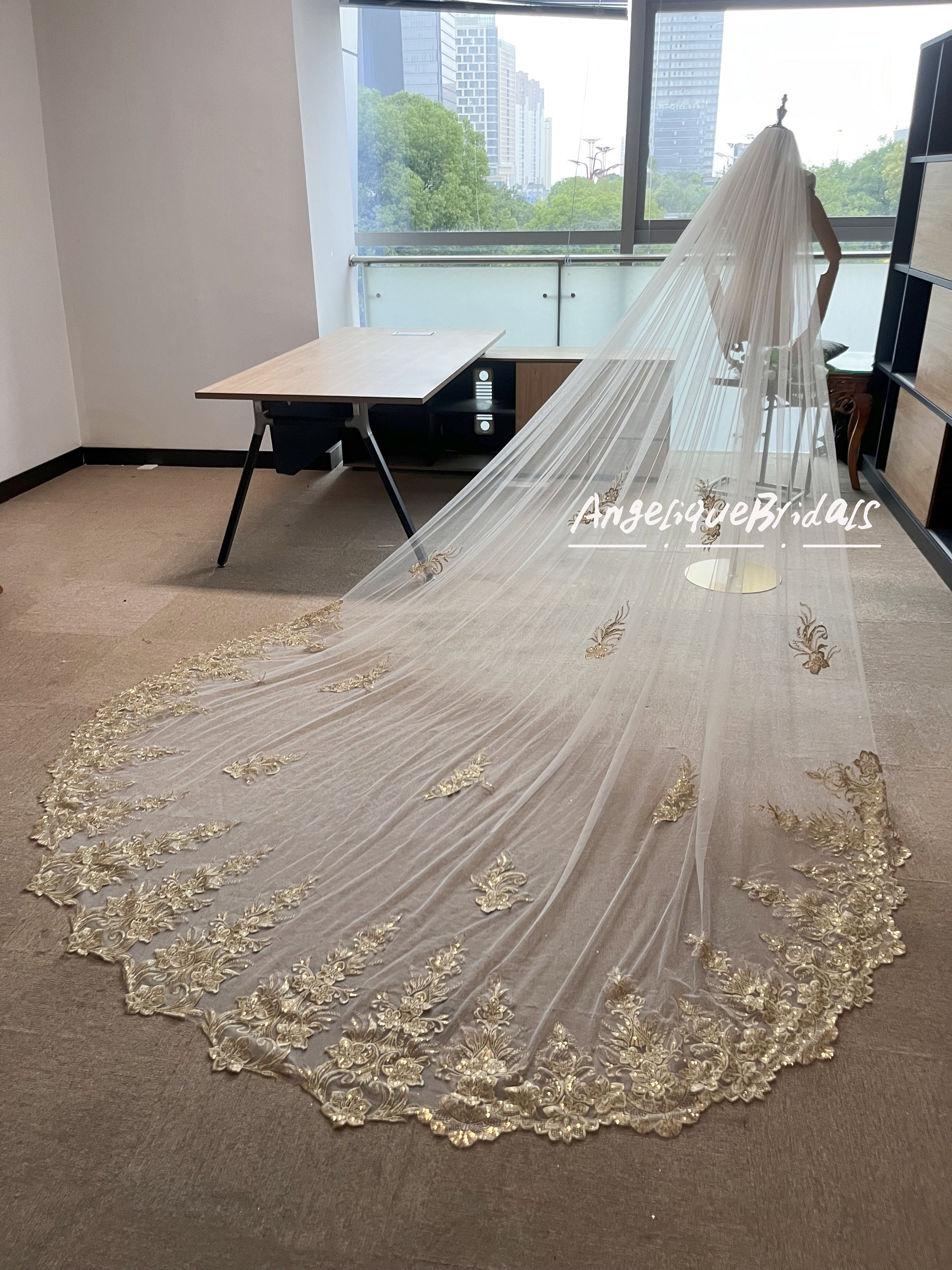 Gold Sequins Floral Wedding Veil, Hand Made Veil for Bride, Cathedral ...