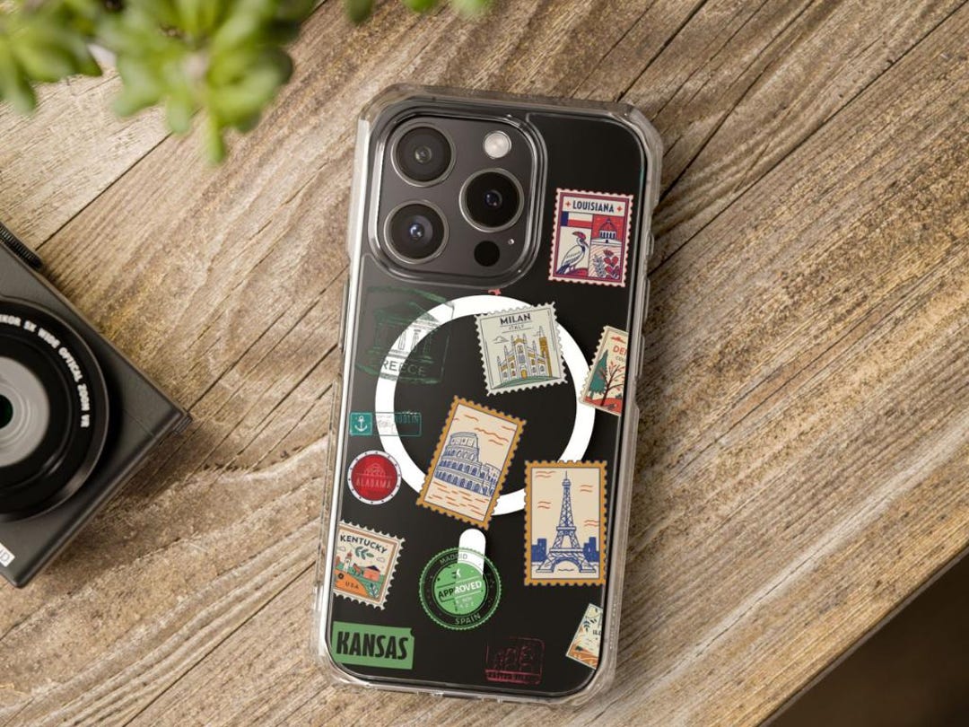 Vintage Travel Stamps Phone Cases | Clear Magnetic Impact Cover | Cute ...