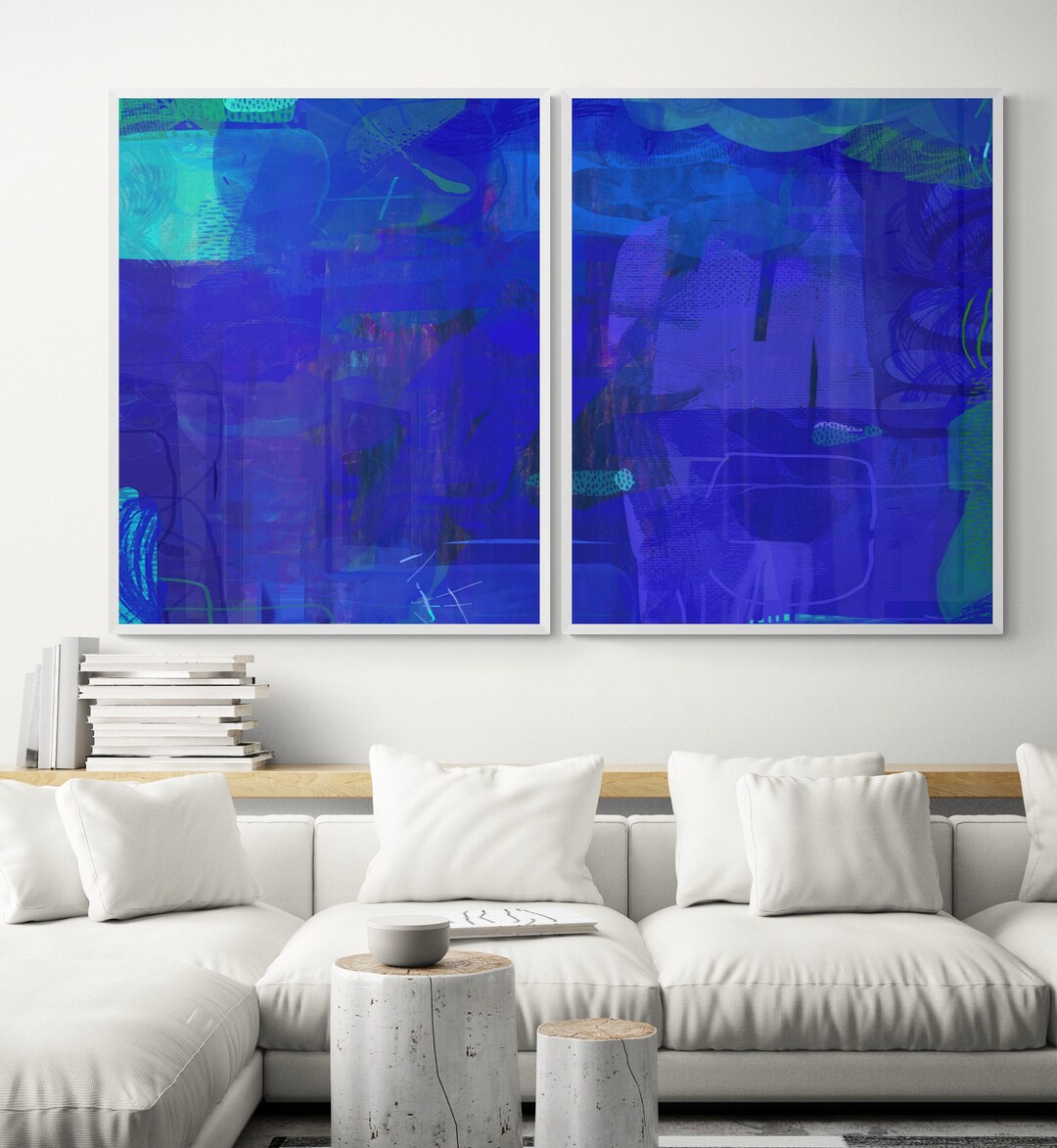 Blue Abstract Prints Set, Set of 2 Large Prints, Blue Painting Abstract ...