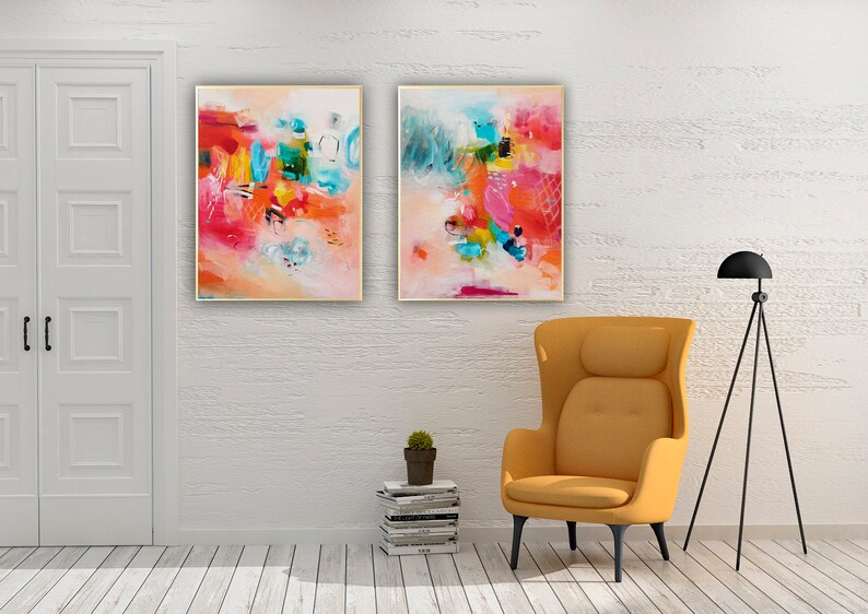 Abstract prints set Set of 2 large prints Vibrant orange | Etsy