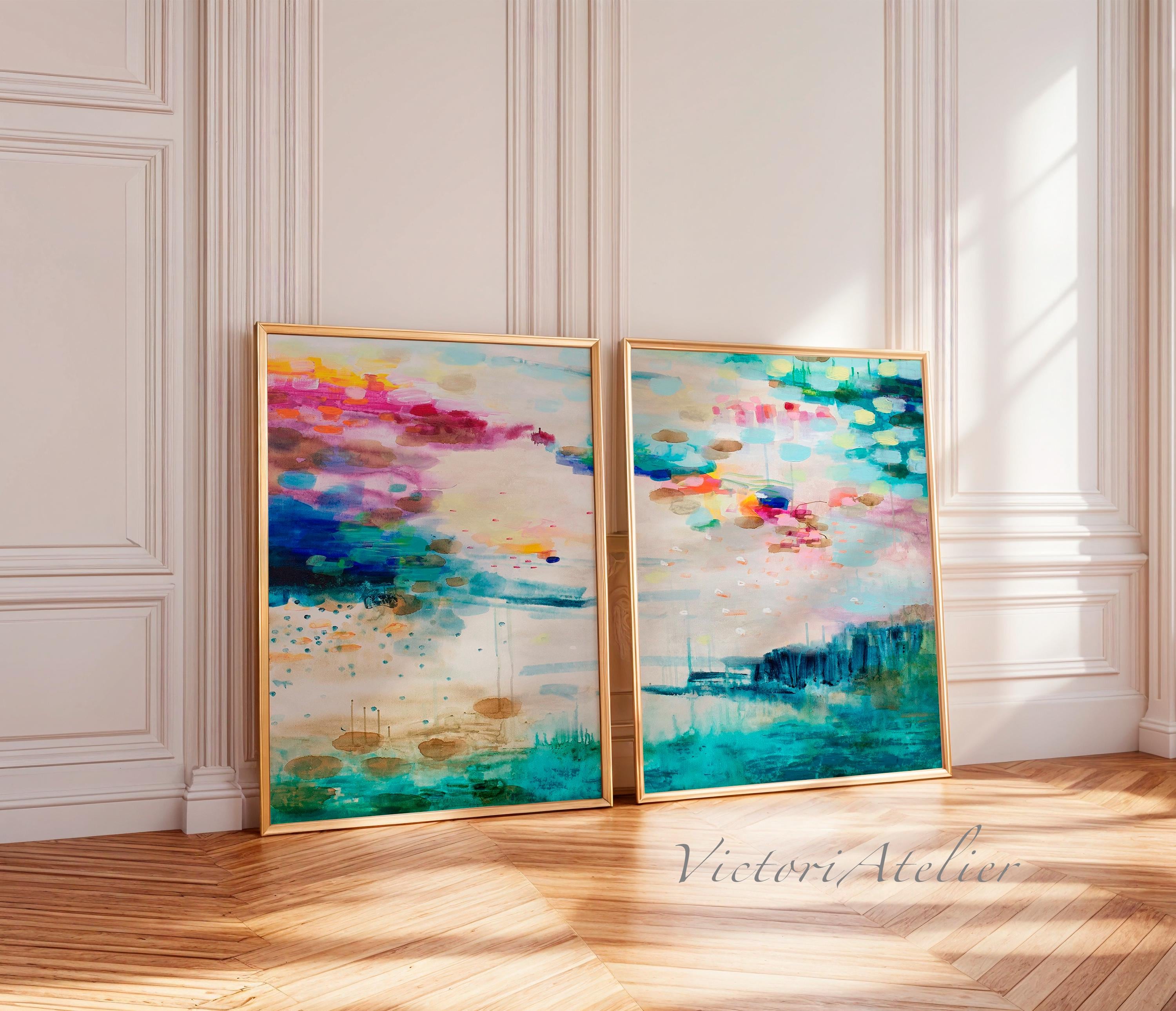 Set of 2 Abstract Wall Art, Tropical Landscape Green Pink Abstract ...