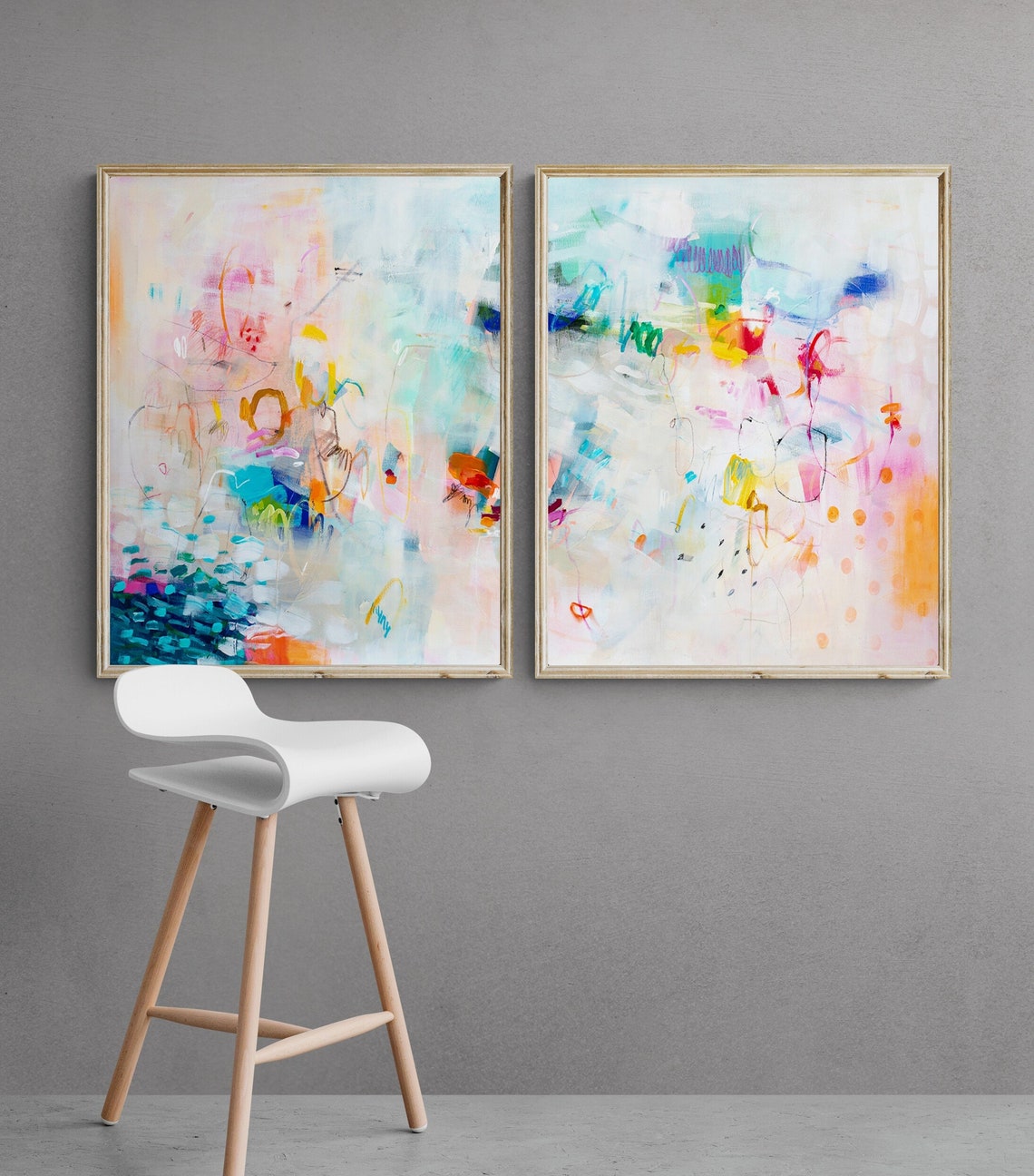 Abstract Prints Set, Set of 2 Large Prints, White and Multicolor Large ...