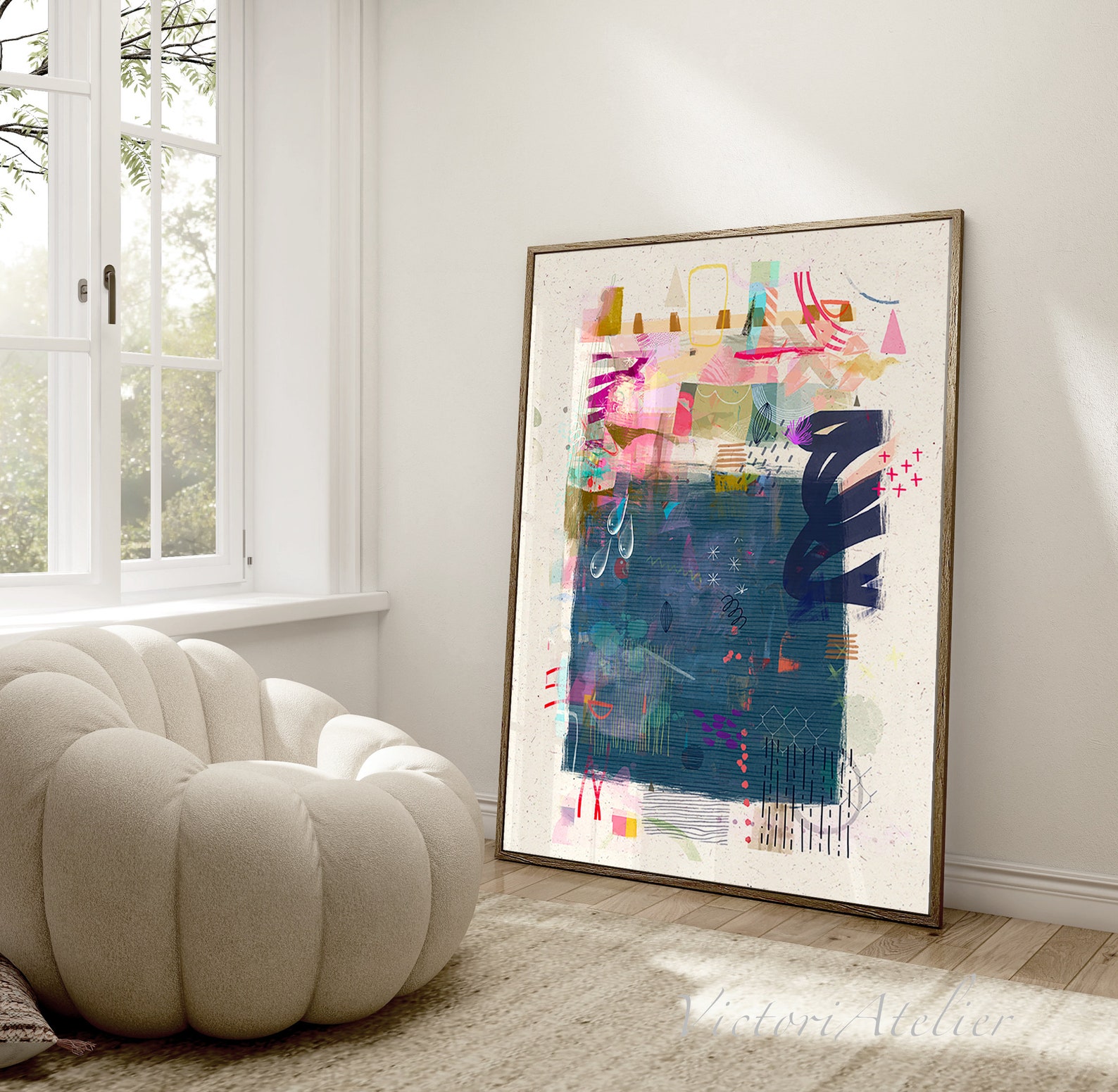 Modern Dark Blue Abstract Wall Art Print, Large Blue and Multicolor ...