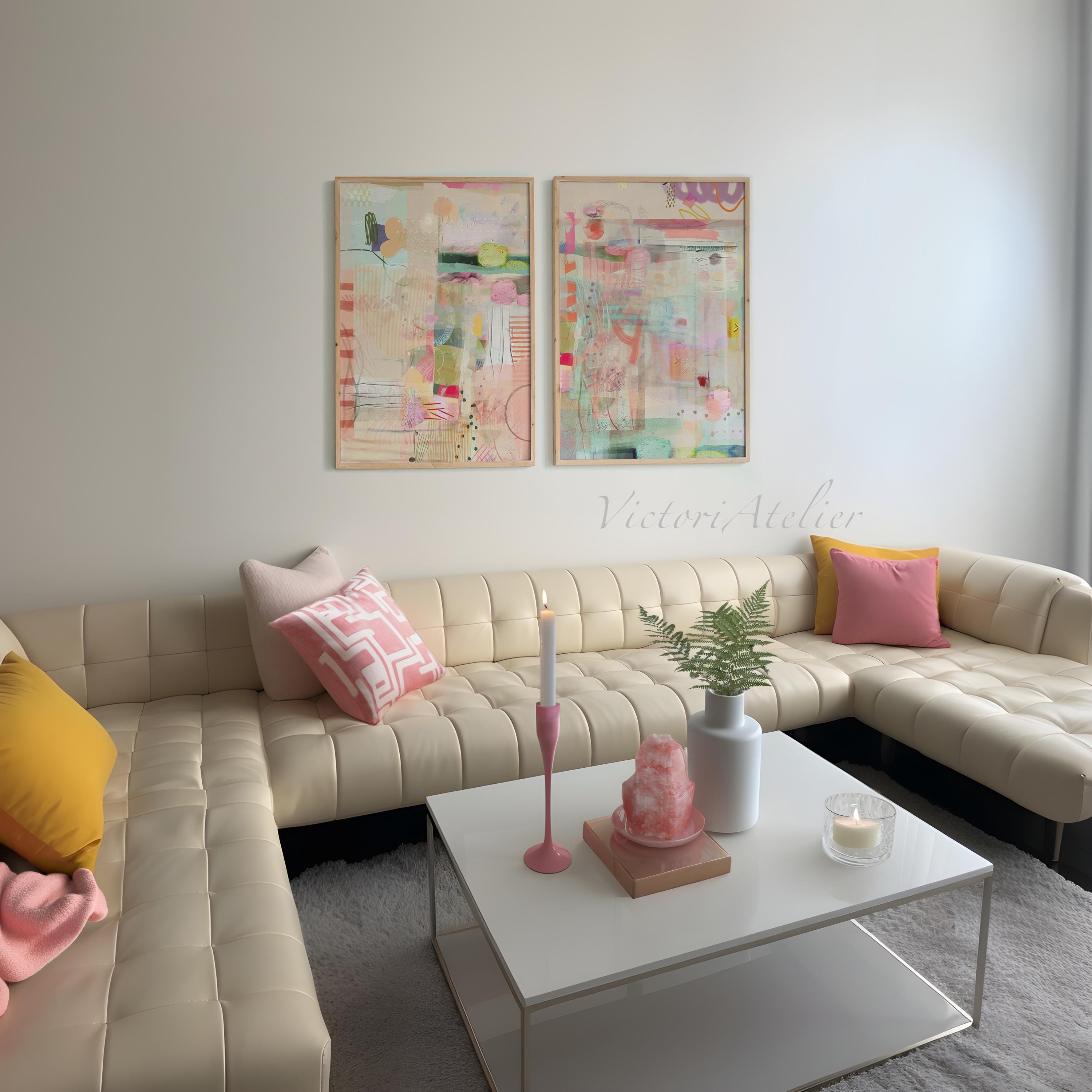 Abstract Prints Set of 2, Multicolor Pink Wall Art, Modern Abstract ...