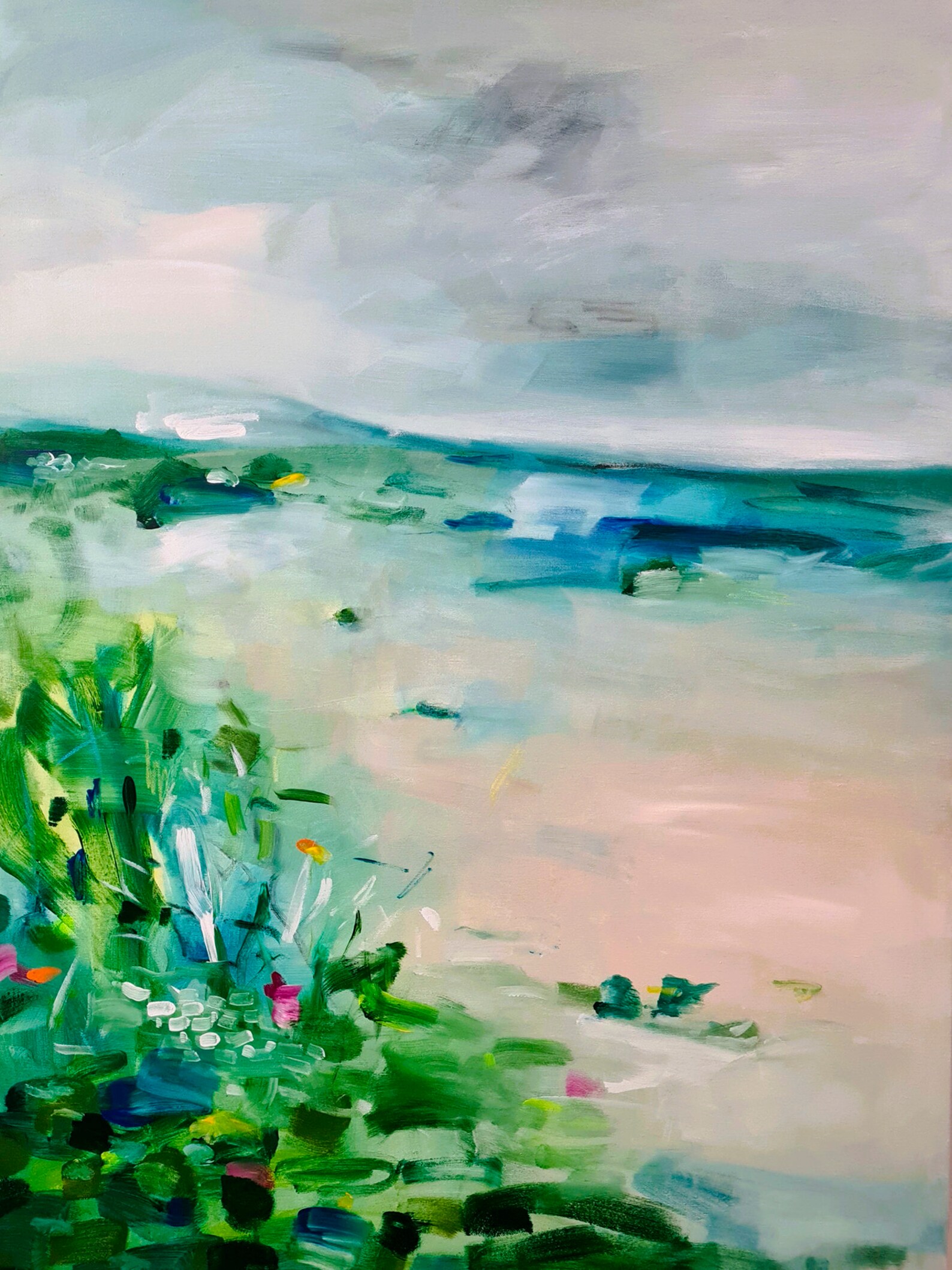 Set 2 Calm Beach Scenery, Green and Beige Large Abstract Art, Coastal ...