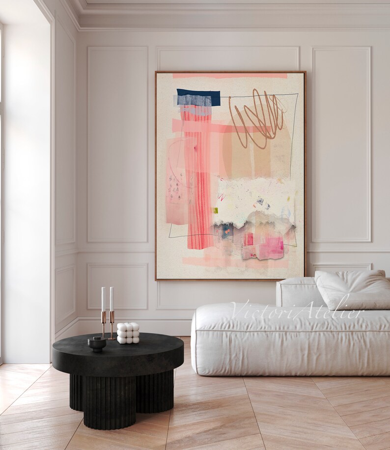 Abstract Art Print Light Pink and Cream Textured Painting , Extra Large ...