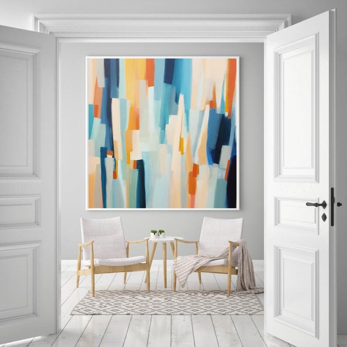 Abstract Painting Print, Orange and Navy Blue Brush Stroke Large ...