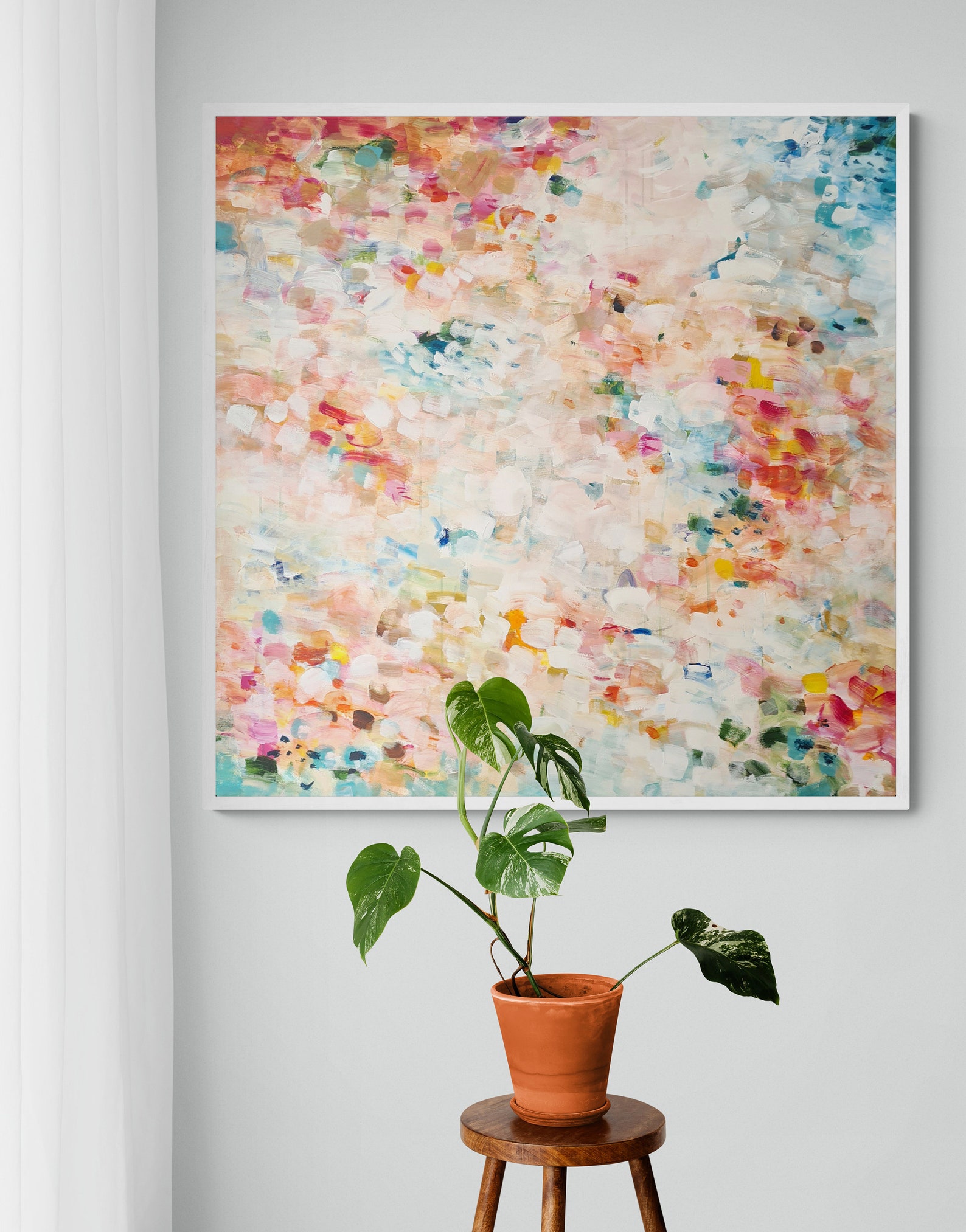 Large Coral and Blue Abstract Landscape Art Print, Brushstroke Painting ...