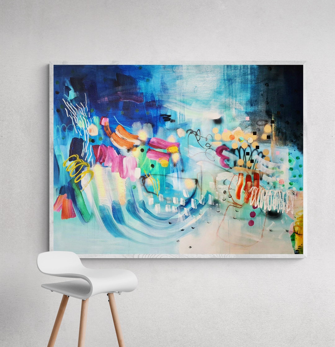 Modern Blue Abstract Painting Print, Vibrant, Colourful With Vivid ...