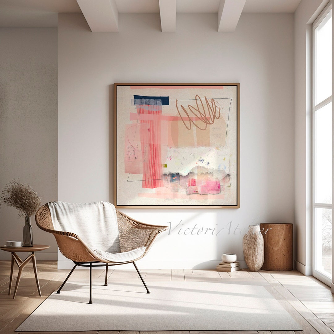 Abstract Art Print Light Pink and Cream Textured Painting , Extra Large ...
