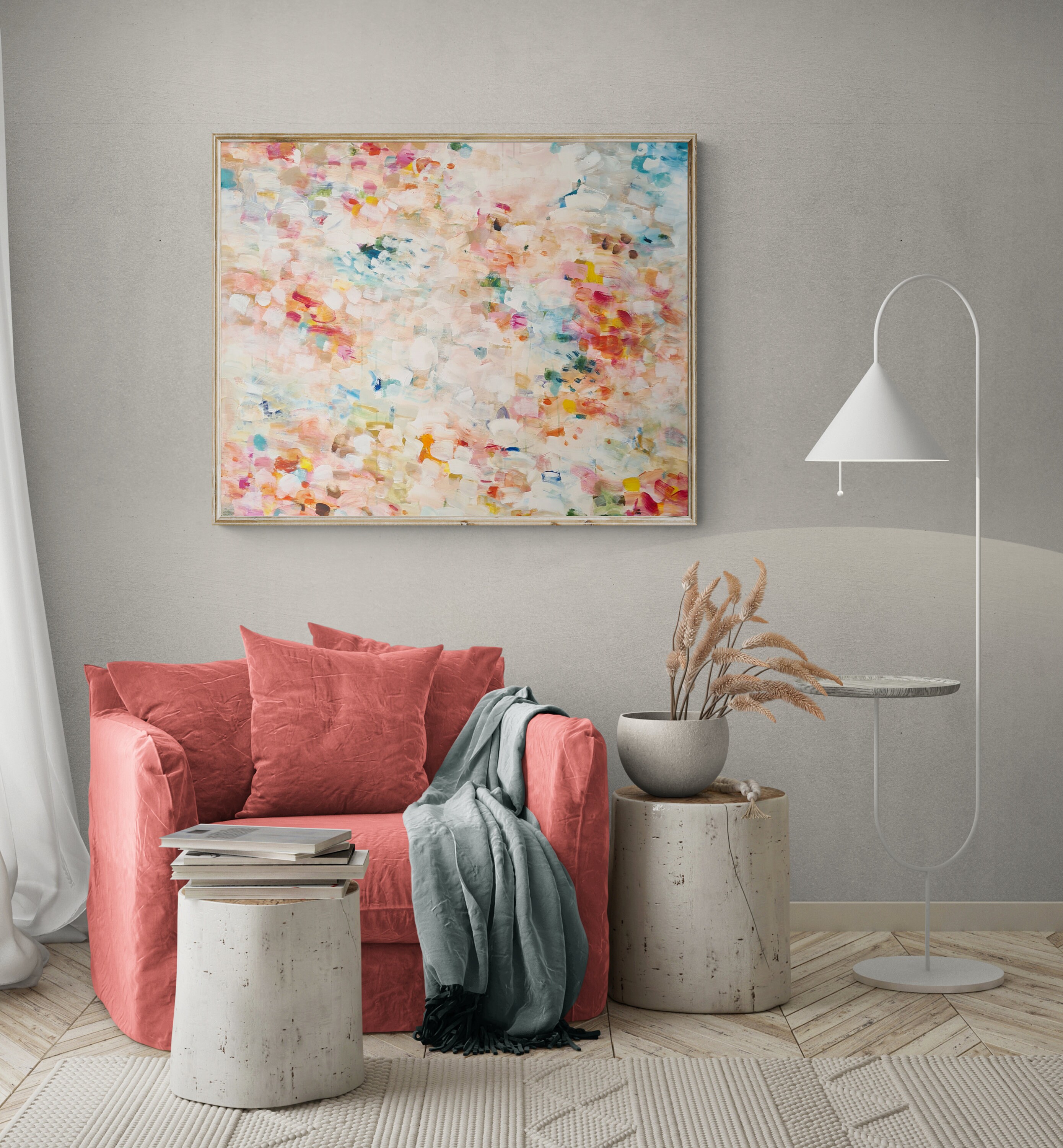 Large Coral and Blue Abstract Landscape Art Print, Brushstroke Painting ...