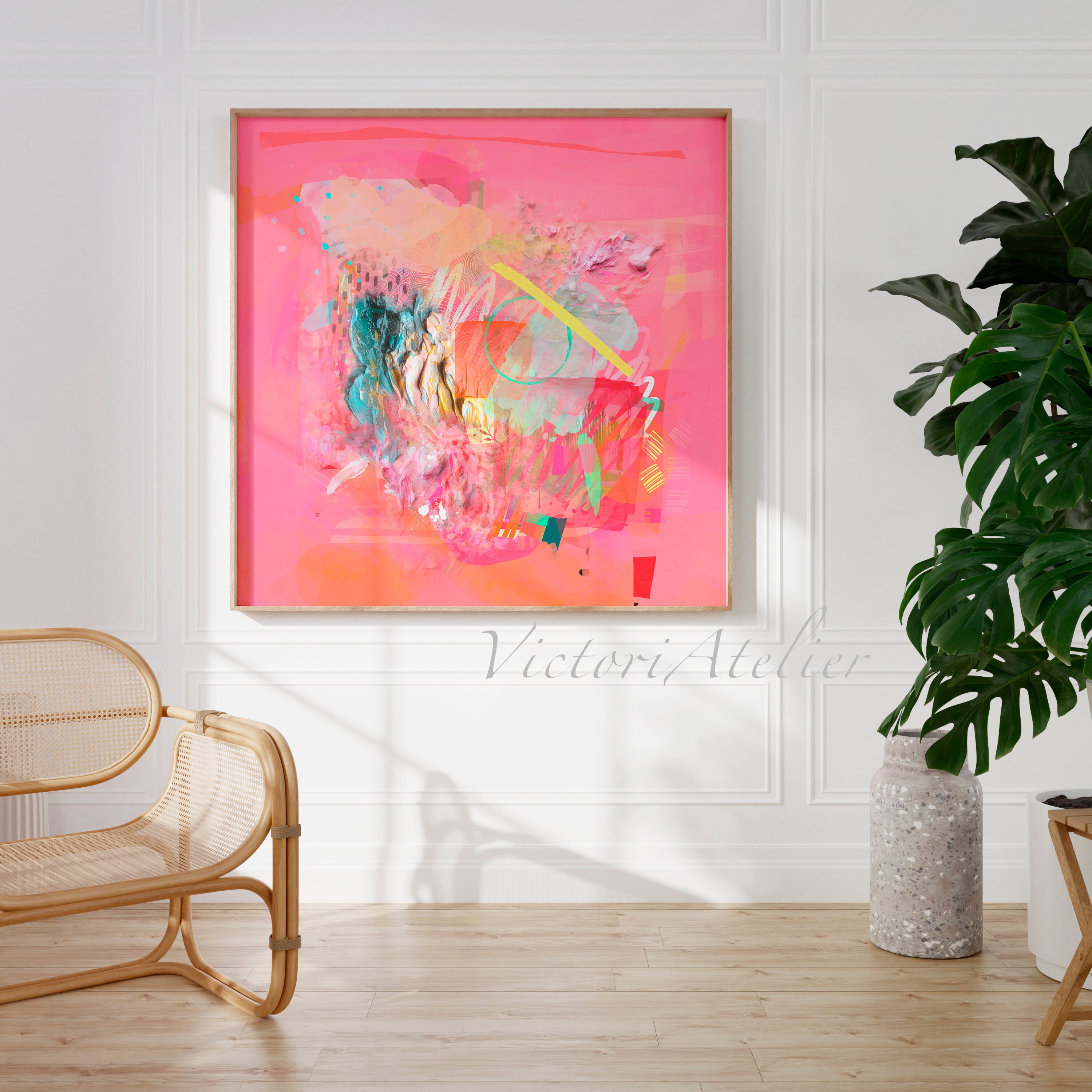 Bright Pink Magenta Abstract Artwork, Modern Textured Abstract Painting ...