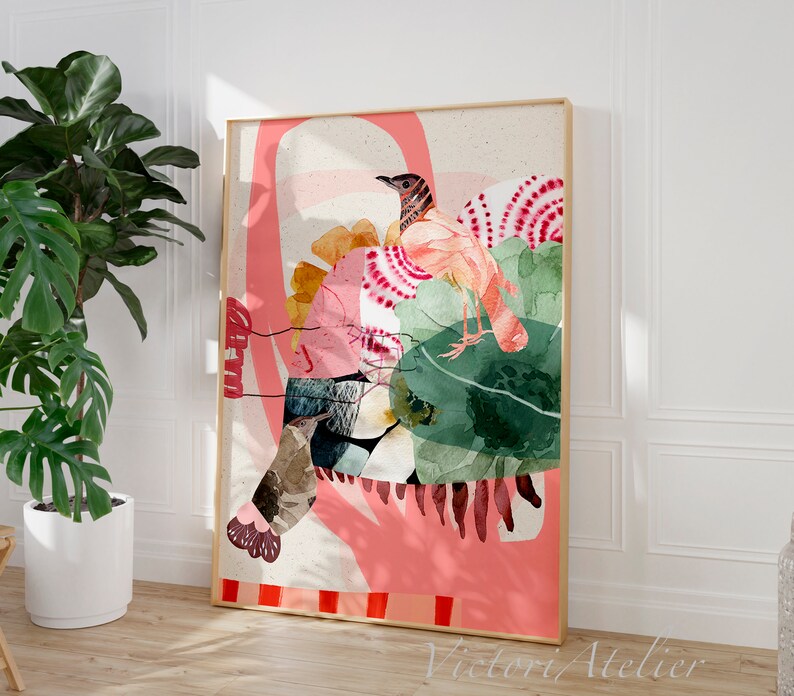 Abstract Bird and Flower Art Print, Pink and Green Collage - Etsy Australia