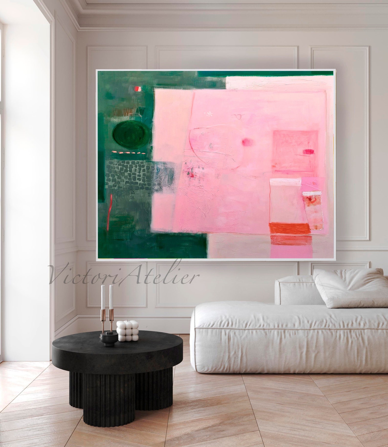 Green and Pink Abstract Painting, Geometric Giclée Print, Modern Wall ...