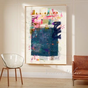 Modern Dark Blue Abstract Wall Art Print, Large Blue and Multicolor ...