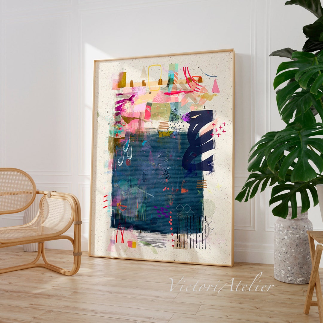 Modern Dark Blue Abstract Wall Art Print, Large Blue and Multicolor ...