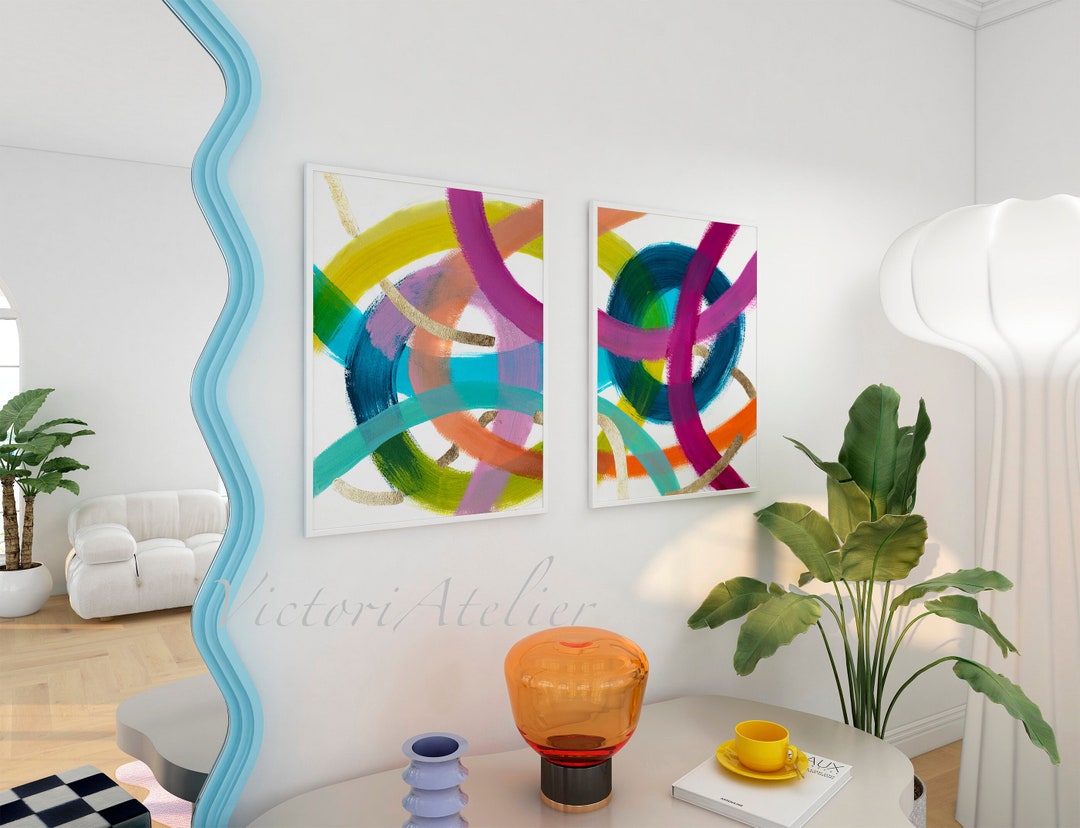 Set of 2 Abstract Prints, Extra Large Wall Art, Colorful and Gold Funny ...