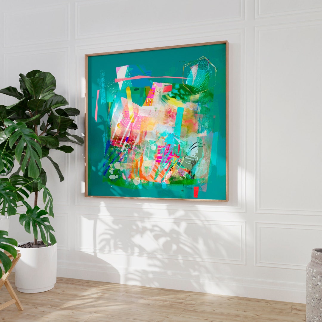 Abstract Painting Print, Green Colorful Vivid Colors Extra Large Wall ...