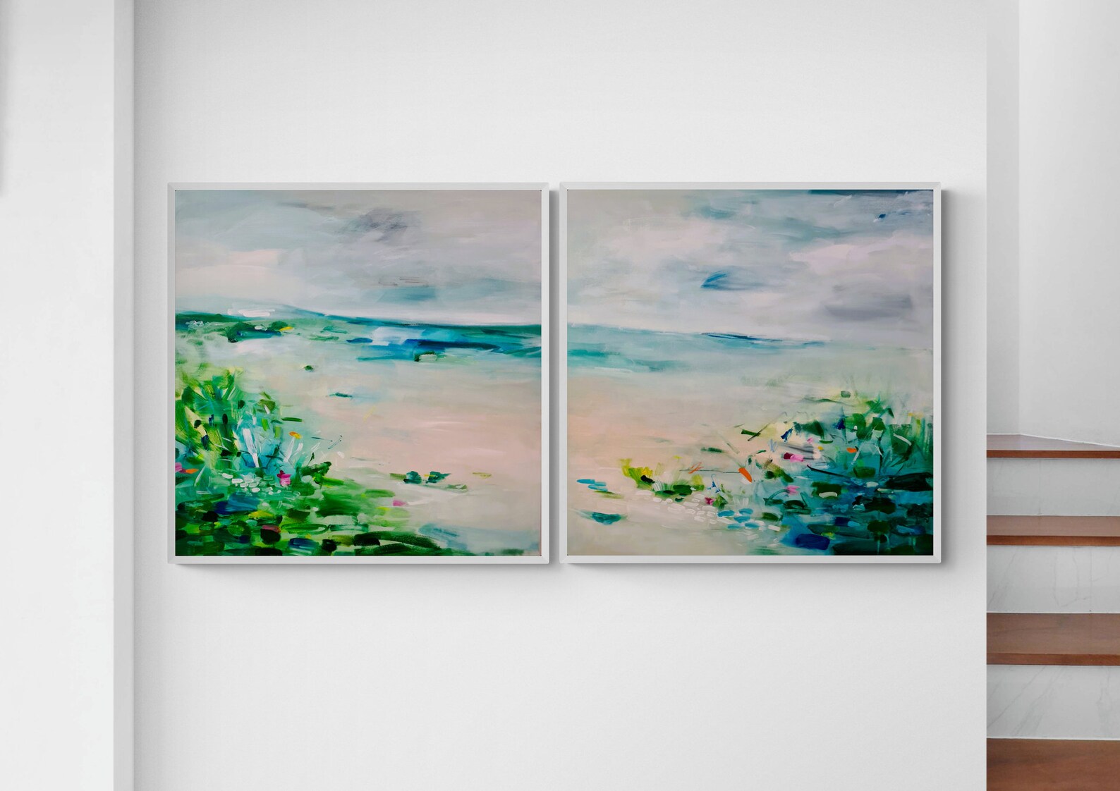 Set 2 Calm Beach Scenery, Green and Beige Large Abstract Art, Coastal ...