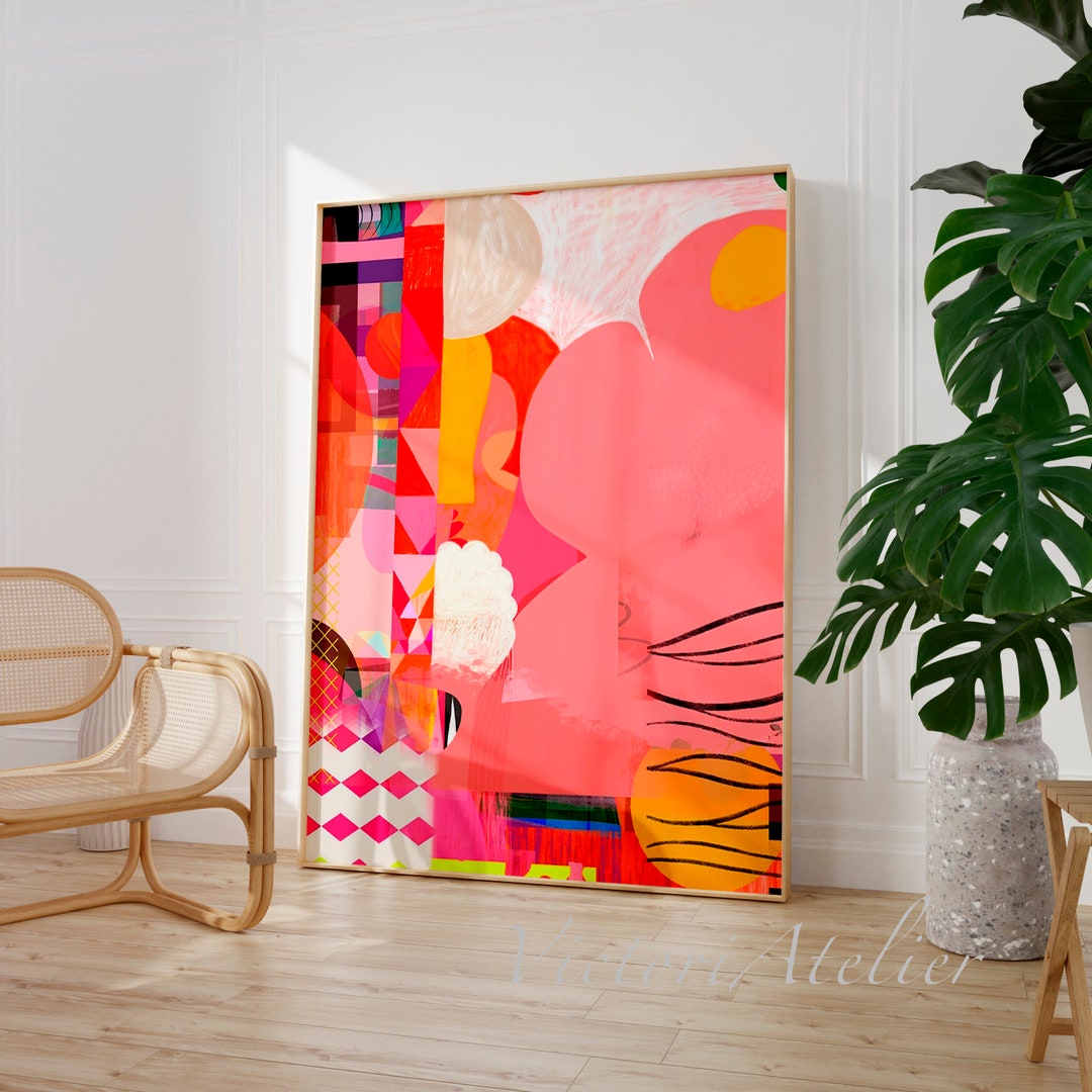 Abstract Painting Print, Vibrant Colourful Pink Multicolor, Extra Large ...