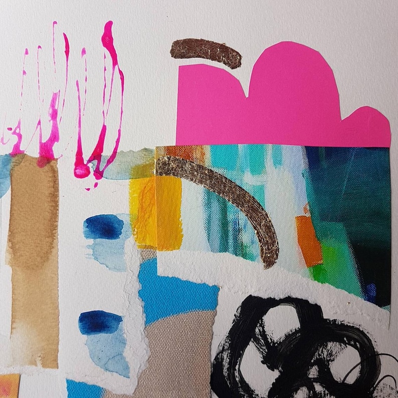 Abstract Art Prints Set of 2, Hot Pink Black, Gold Leaf Embellished - Etsy