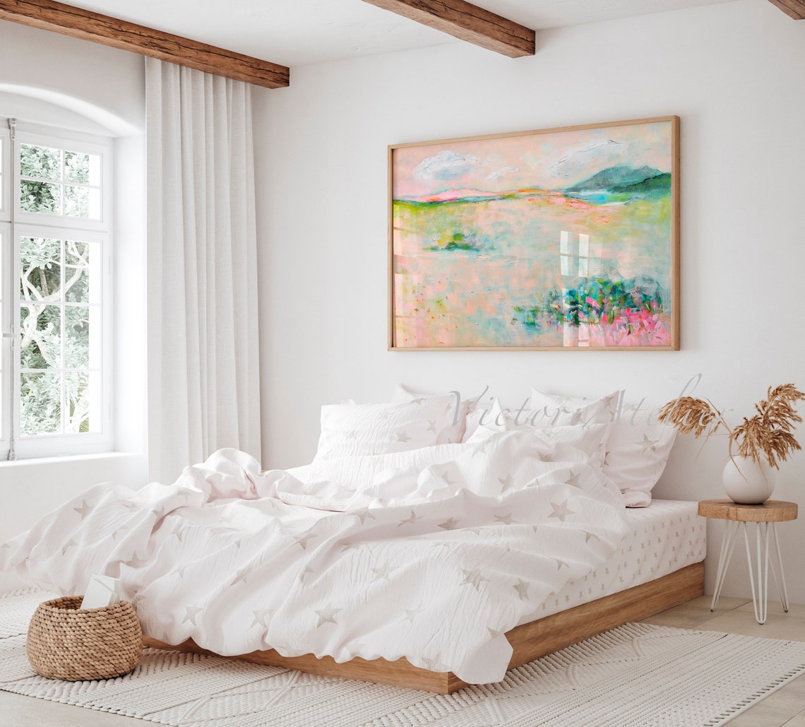 Abstract Painting Print, Spring Cottage Abstract Landscape, Pale Coral ...