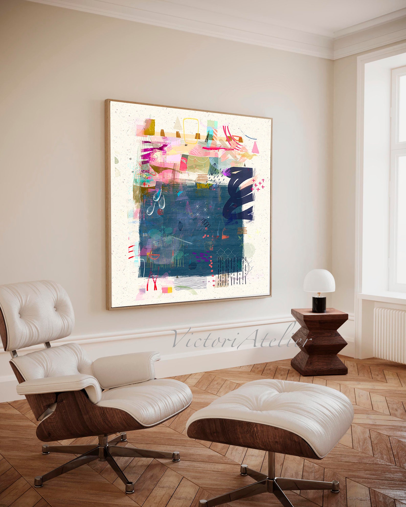 Modern Dark Blue Abstract Wall Art Print, Large Blue and Multicolor ...