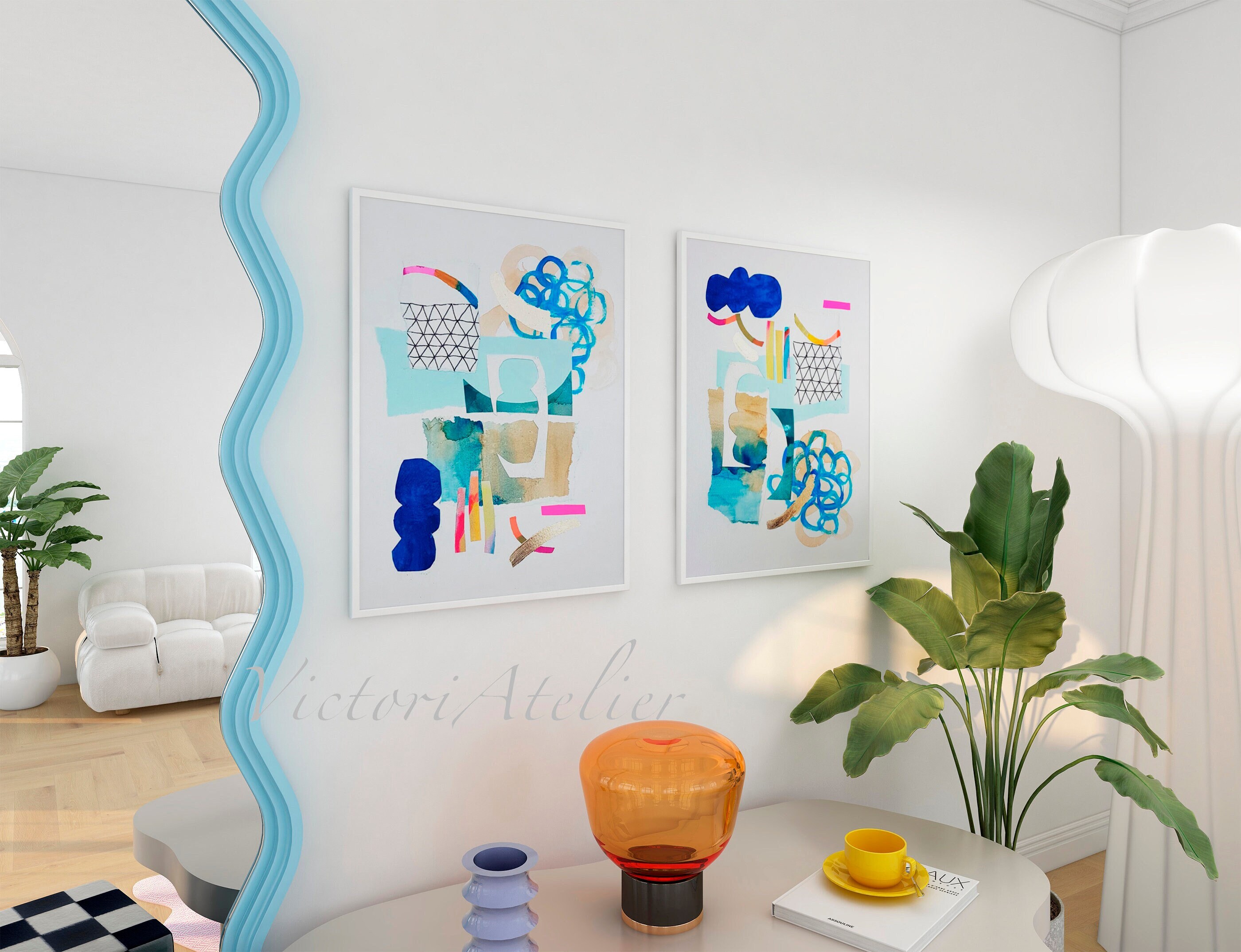 Blue Abstract Art Prints, Hand Embellished With Gold Set of 2 - Etsy