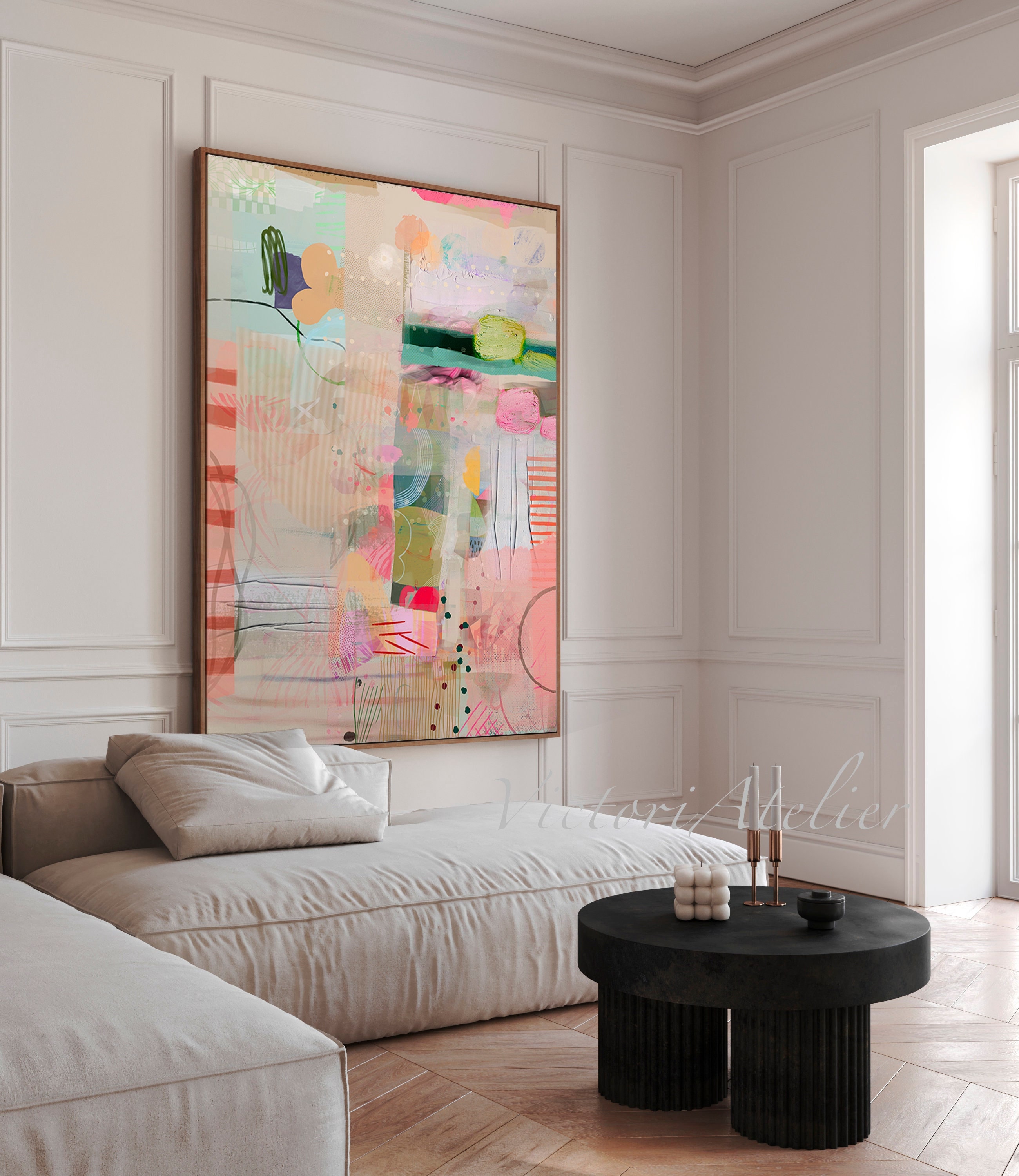 Modern Abstract Wall Art, Beige Pink Green, Eclectic Boho Giclée Print ...