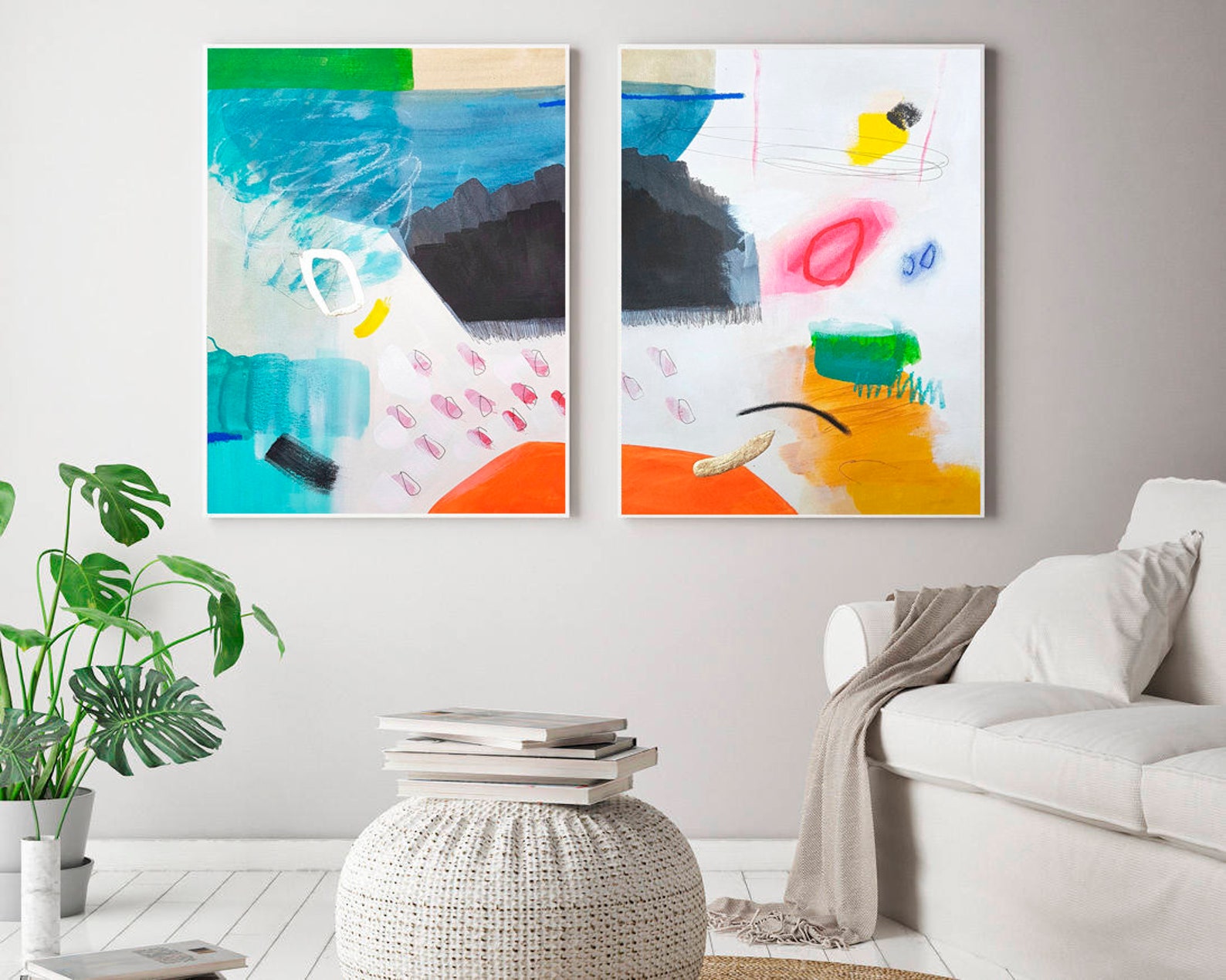 Abstract Art Prints Set of 2, Gold Leaf Embellished, Colorful Wall ...