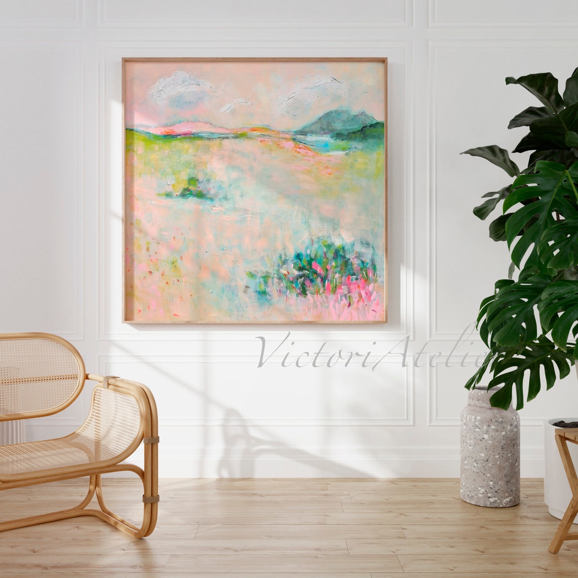 Abstract Painting Print, Spring Cottage Abstract Landscape, Pale Coral ...