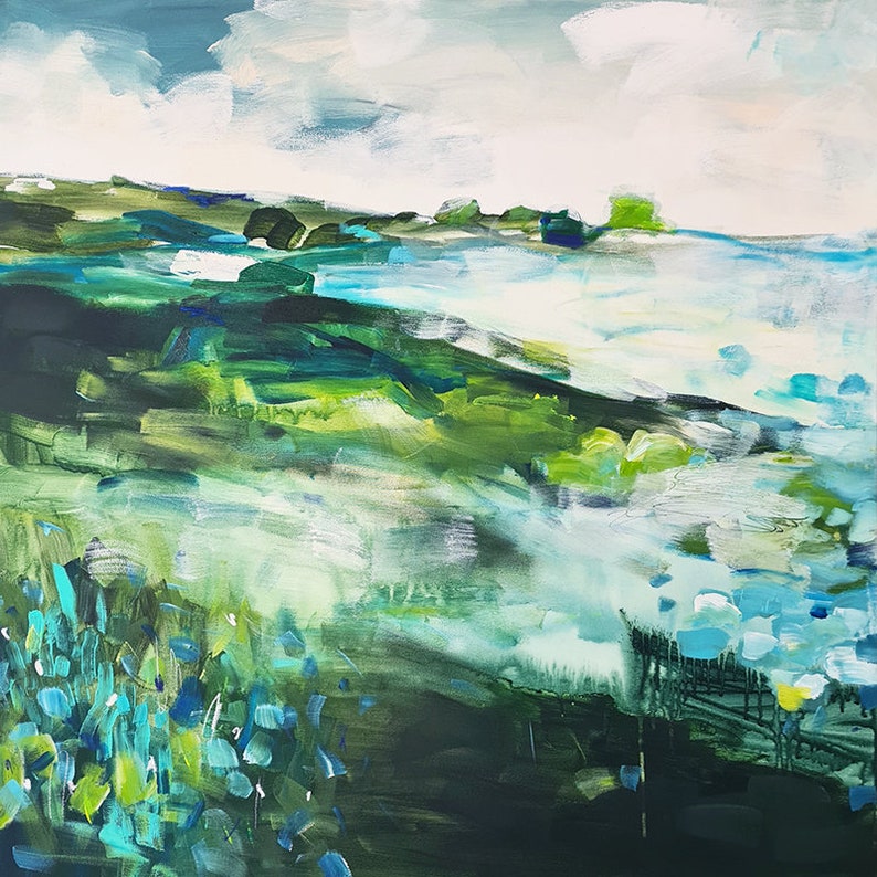Green Abstract Landscape Print, Brush Stroke Painting, Large Wall Art ...