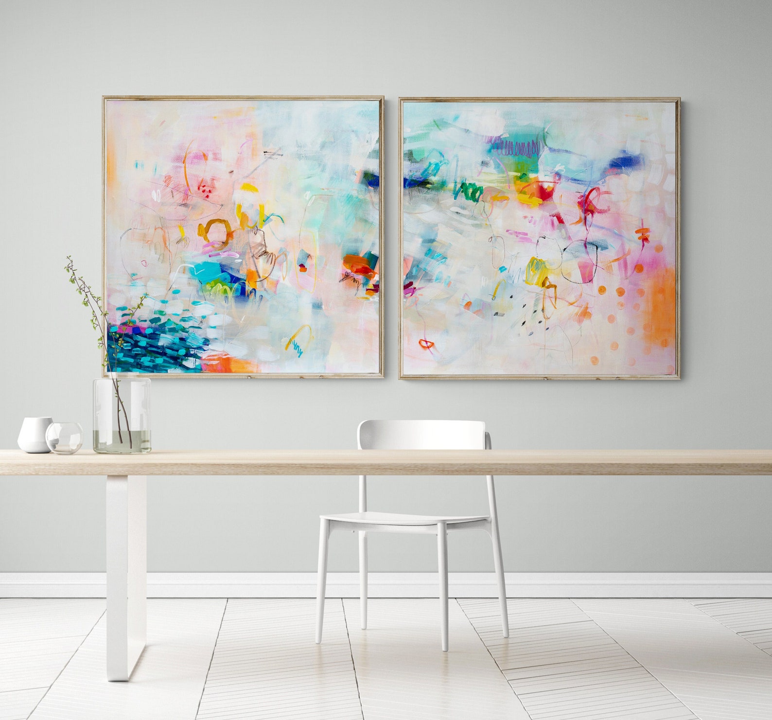 Abstract Prints Set, Set of 2 Large Prints, White and Multicolor Large ...